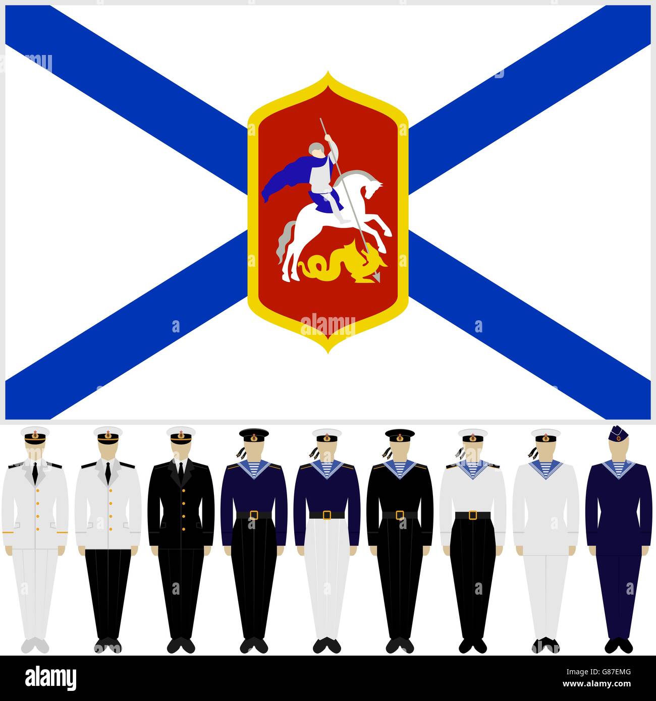 Flag of the Russian Navy, and soldiers and officers in the uniform of ...