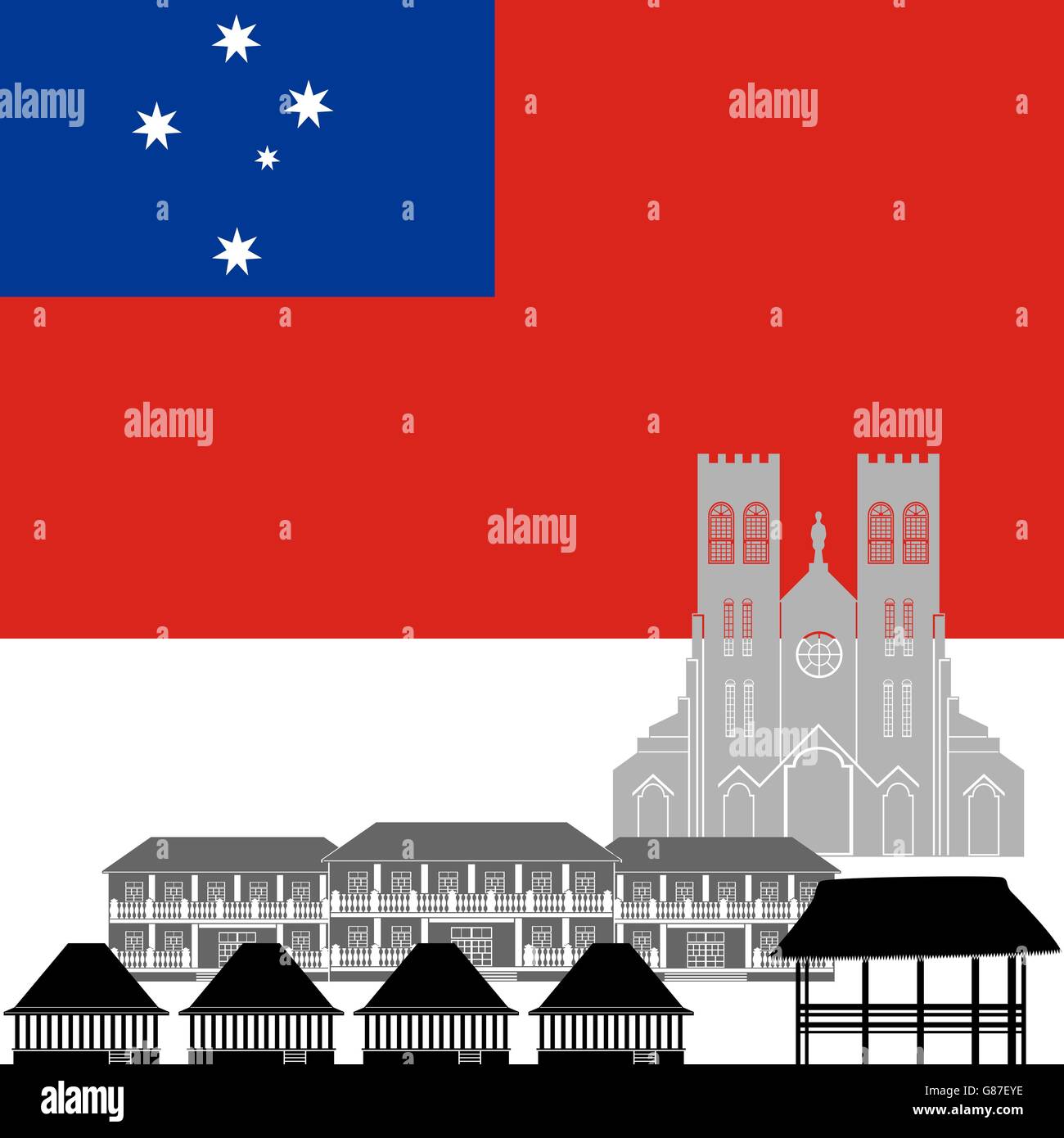 National flag of Samoa and architectural attractions. The illustration ...