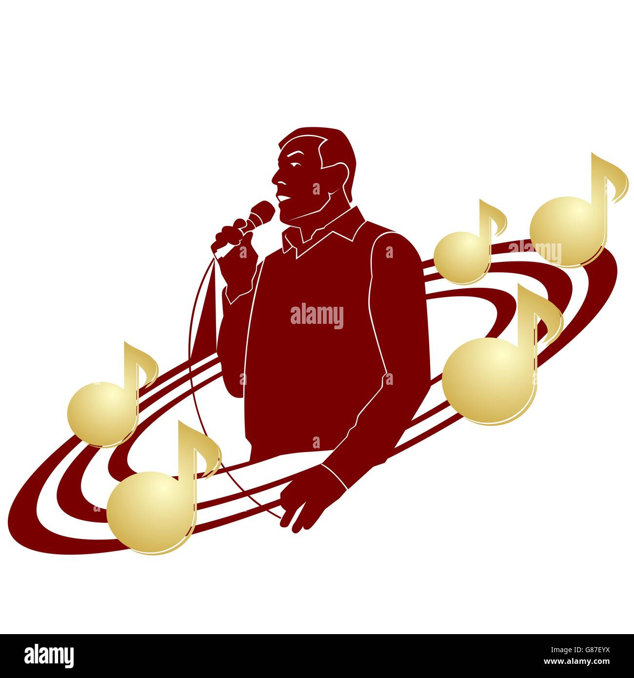 The singer with a microphone surrounded by musical notes. The ...