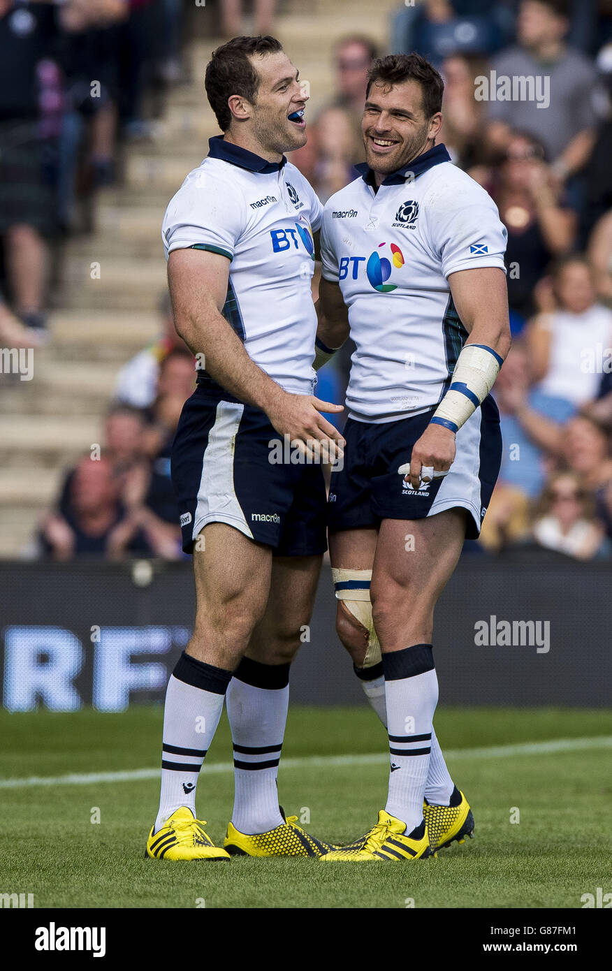 Scotland's Tim Visser celebrates with Sean Lamont after scoring of the ...