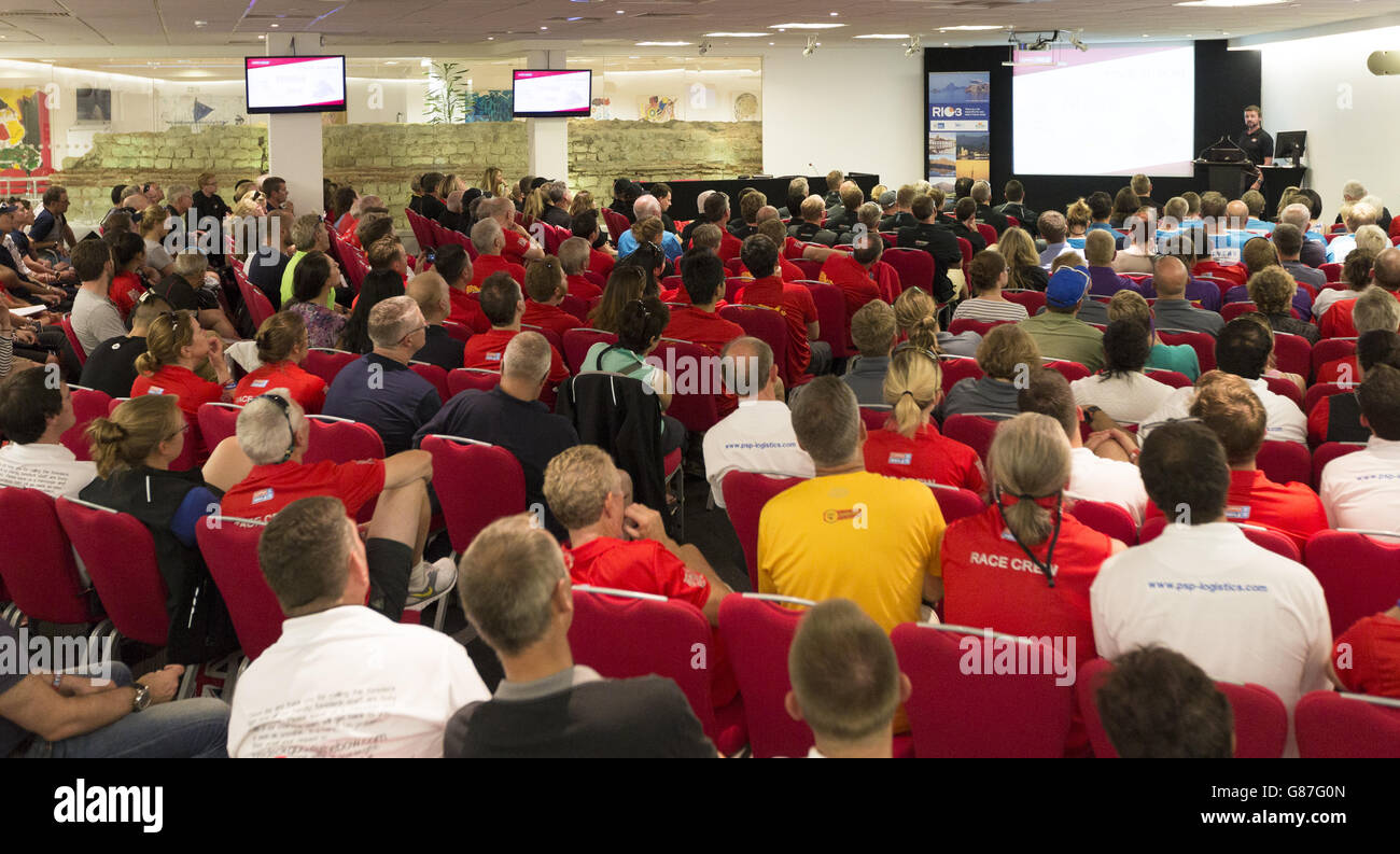 The sailors attend a crew briefing during day eight of the Clipper ...