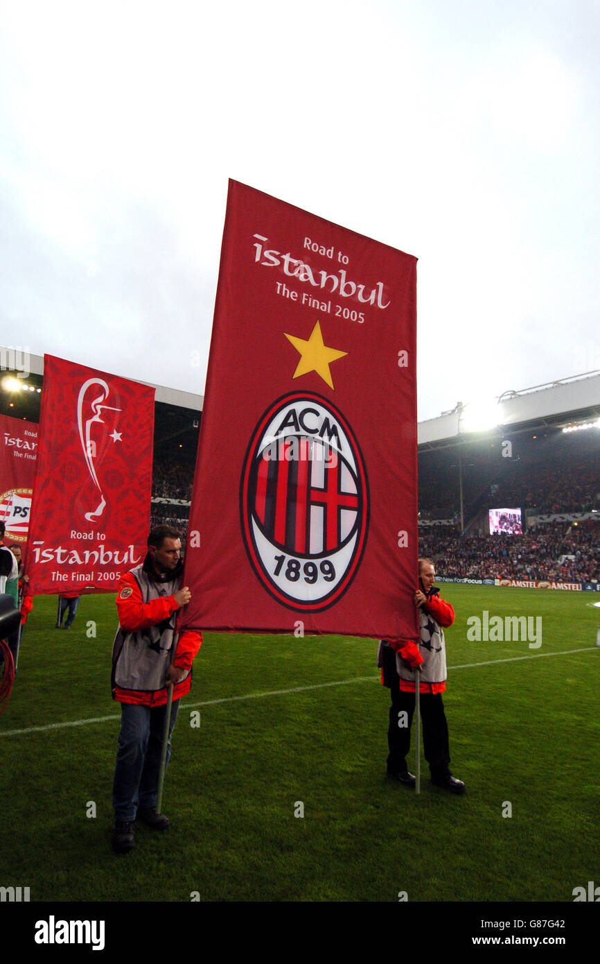 An AC Milan banner is displayed to the fans prior to kick off Stock ...
