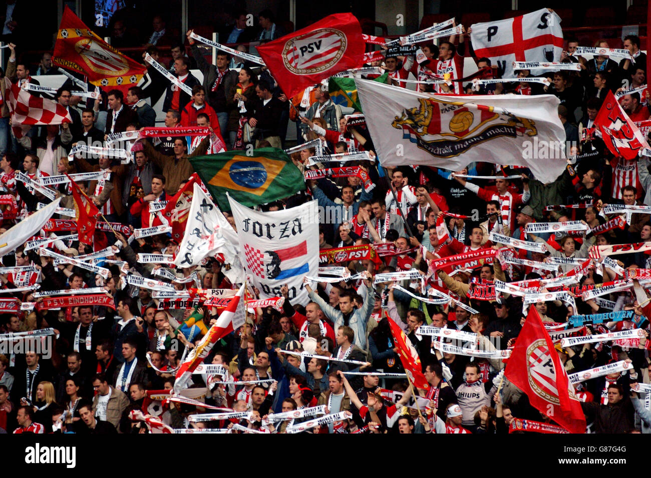 Philips stadium psv eindhoven fans with flags and banners hi-res stock ...