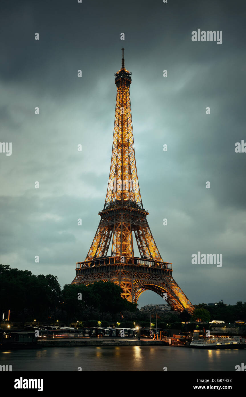 PARIS, FRANCE - MAY 13: Eiffel Tower at night over River Seine on May ...