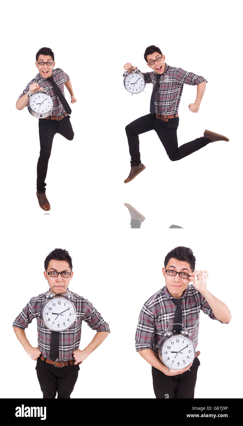 Young man with clock isolated on white Stock Photo - Alamy