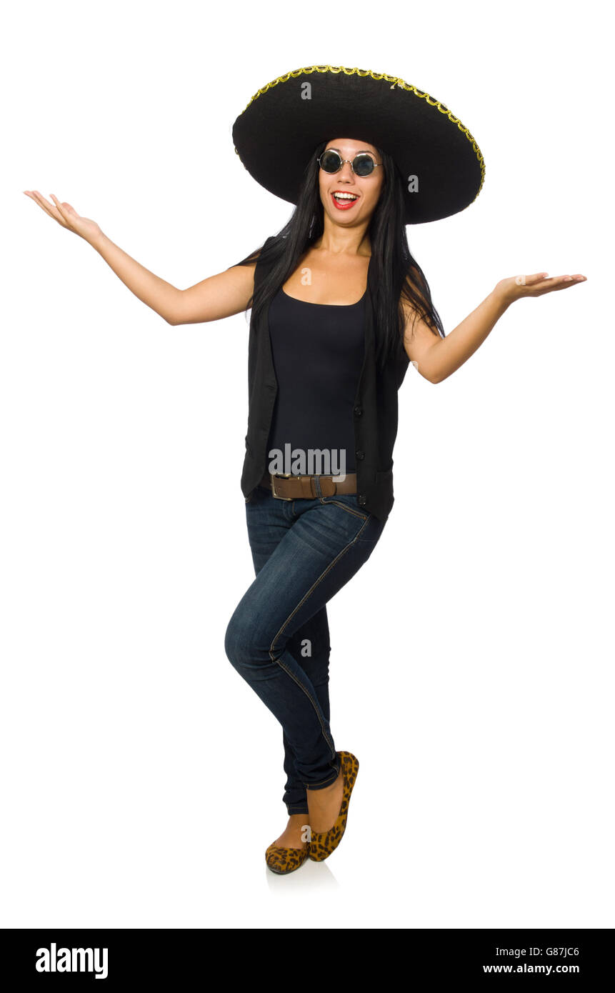 Young mexican woman wearing sombrero isolated on white Stock Photo - Alamy