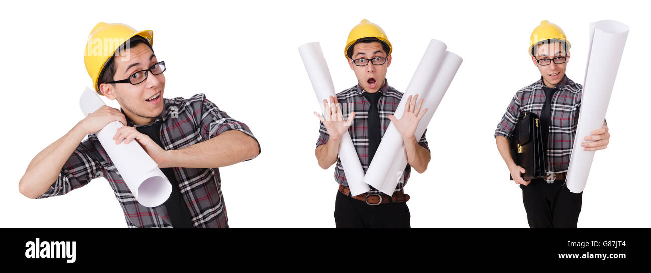 Funny man with blueprints on white Stock Photo - Alamy