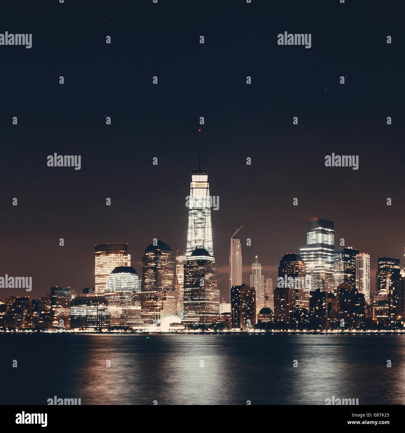 New York City skyline at night with downtown skyscrapers Stock Photo ...