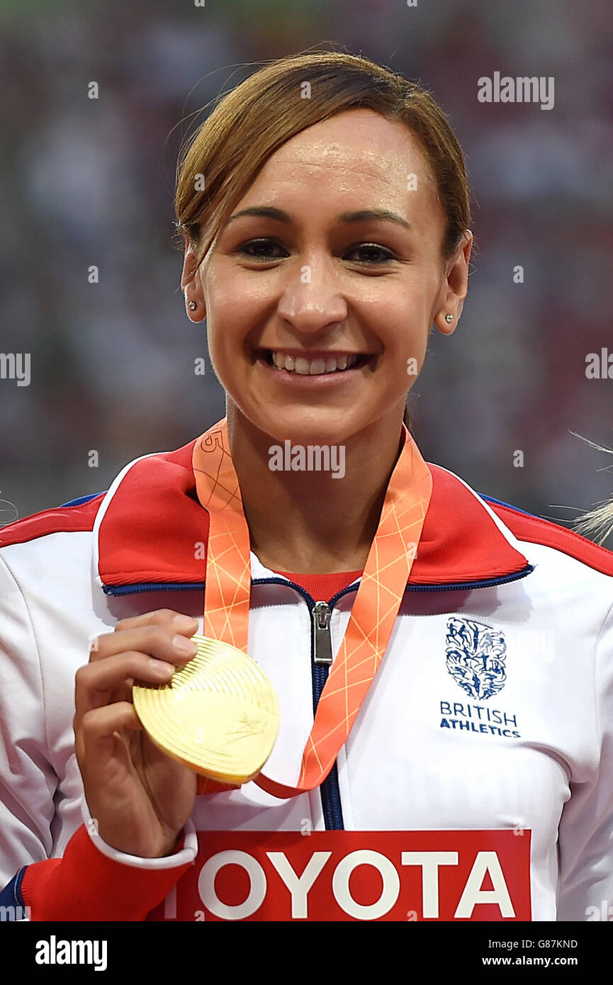 Great Britain's Jessica Ennis-Hill celebrates with her gold medal on ...