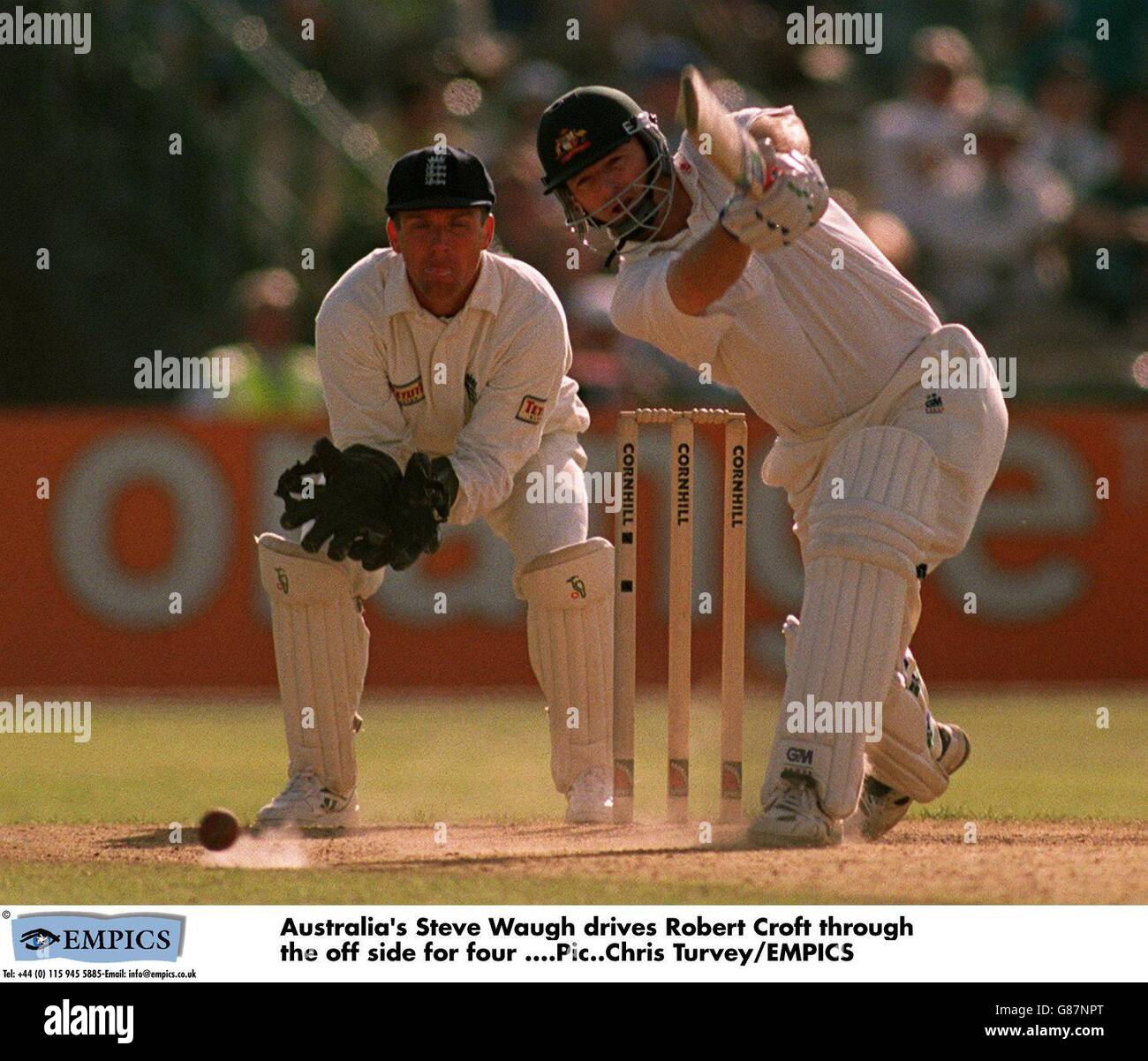 Australia's Steve Waugh drives Robert Croft through the off side for ...