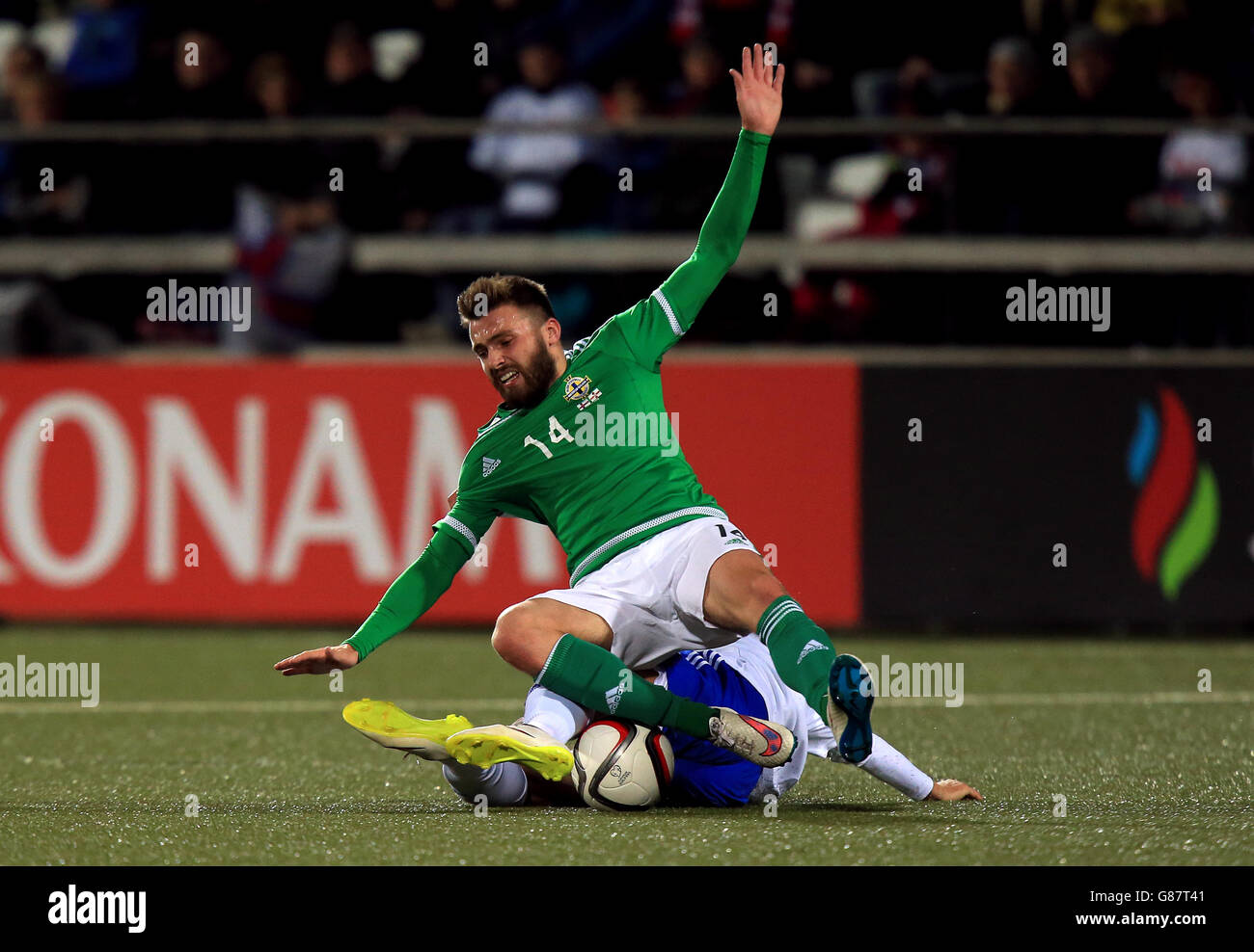 Northern Ireland's Stuart Dallas (top) and Faroe Islands' Hallur ...