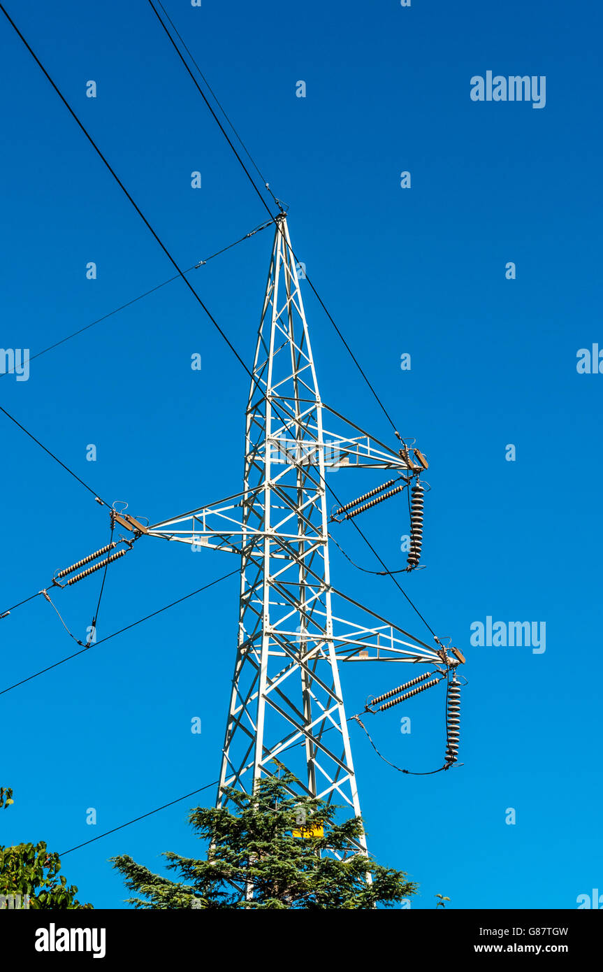 electricity pylon isolated on a blue sunny sky Stock Photo - Alamy