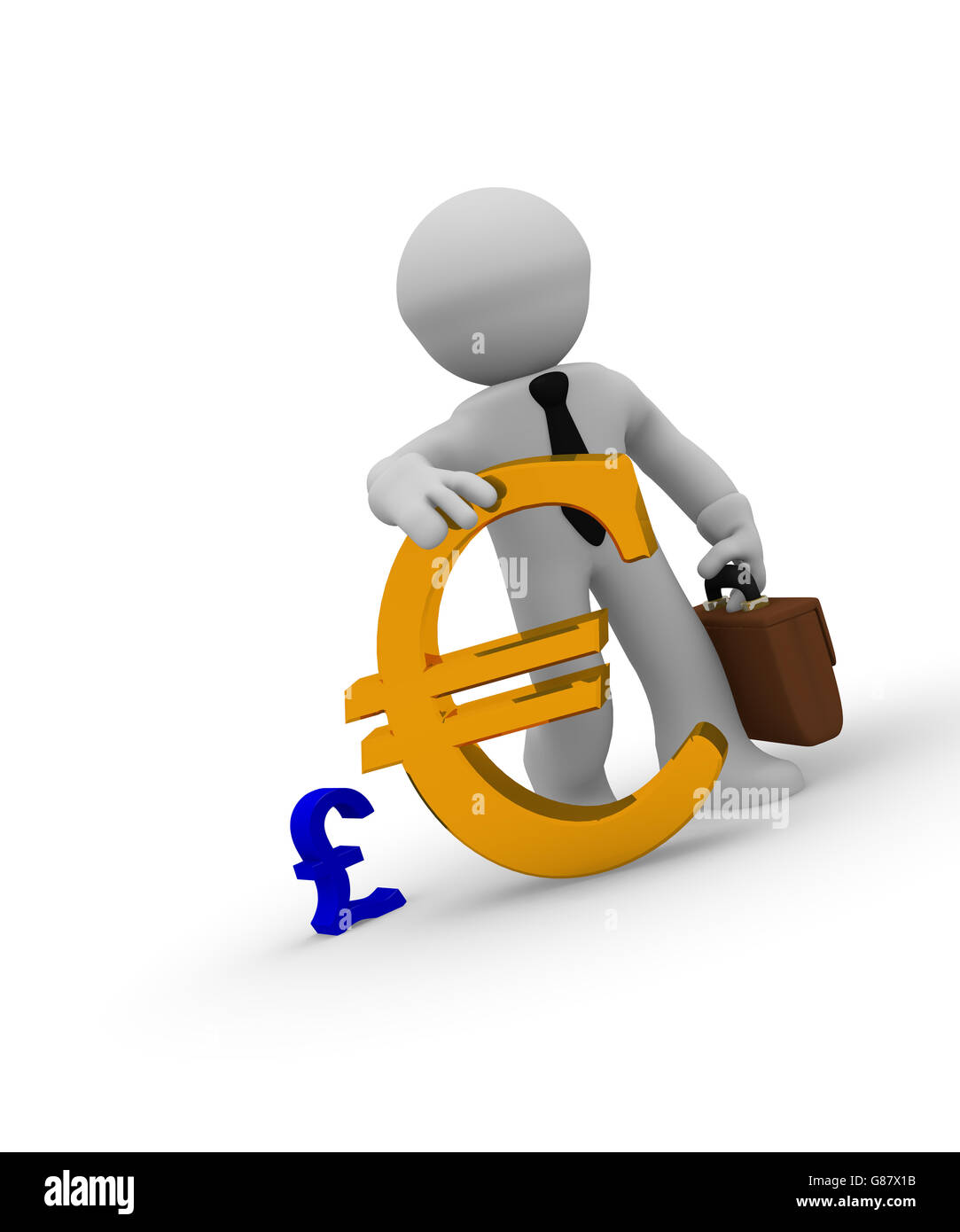 Businessman with a big golden Euro sign and a small blue pound icon on ...