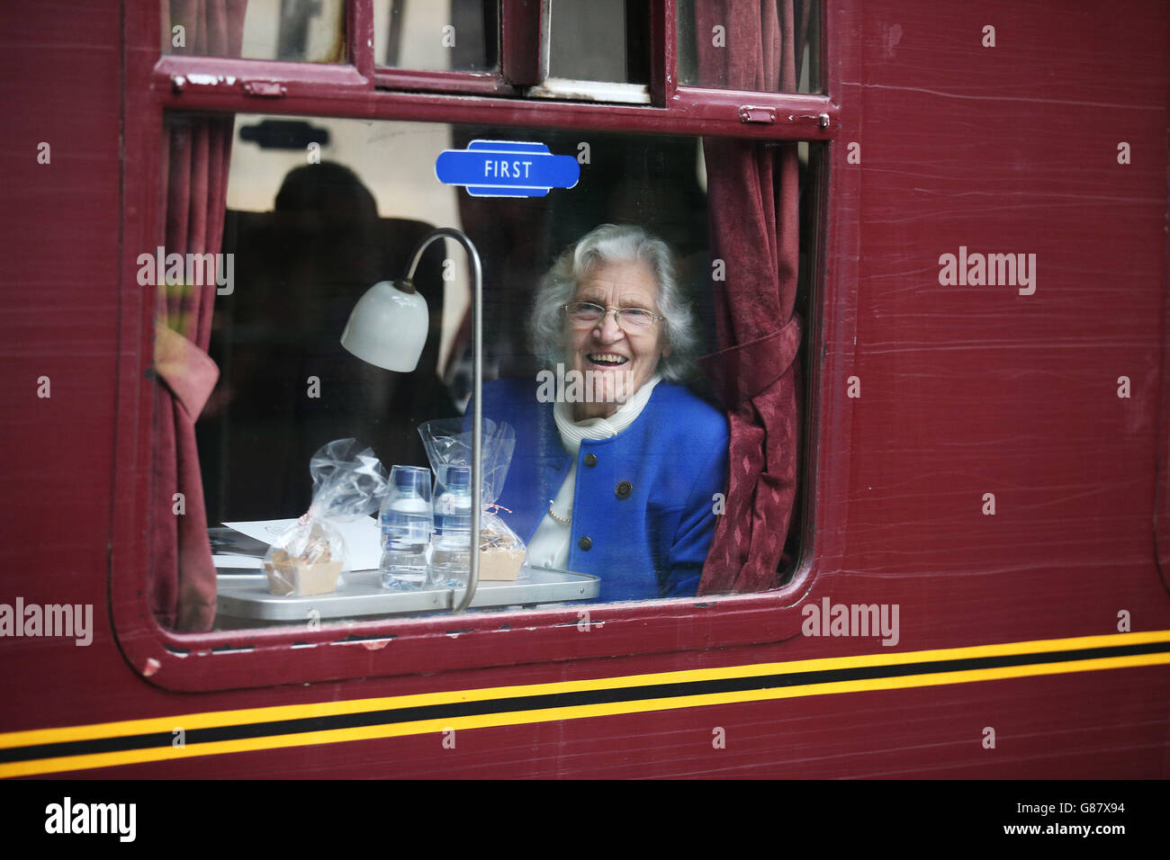 Rail campaigner Madge Elliot on board the train at Edinburgh's Waverley ...