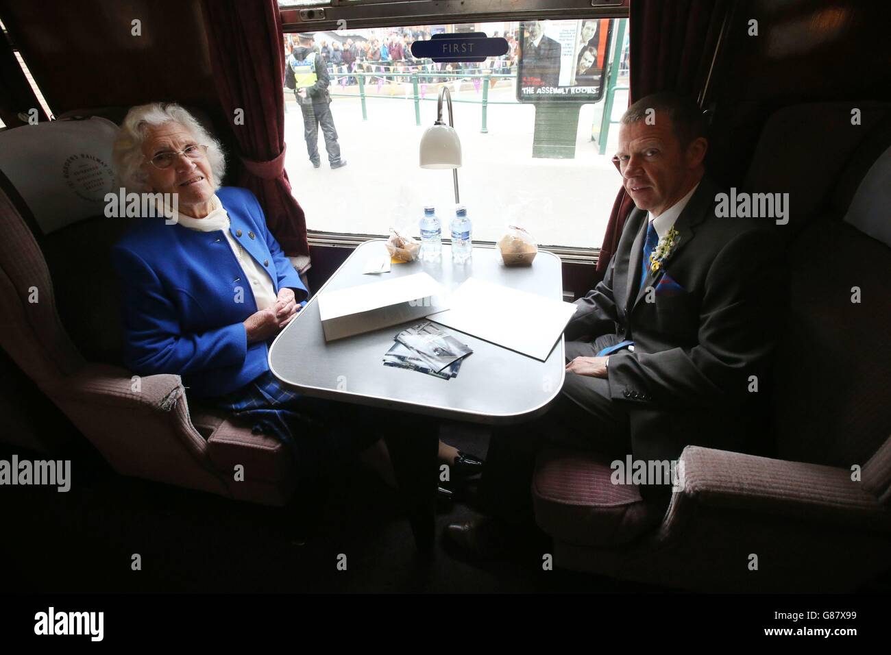 Rail campaigner Madge Elliot and her son Kim on board the train at ...
