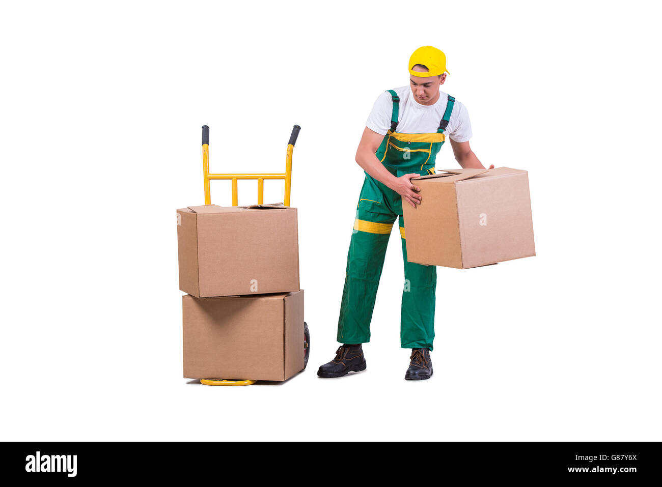 Young man moving boxes with cart isolated on white Stock Photo - Alamy