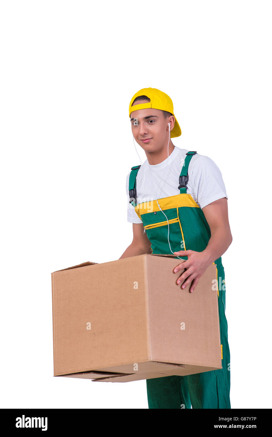 Young man moving boxes isolated on white Stock Photo - Alamy