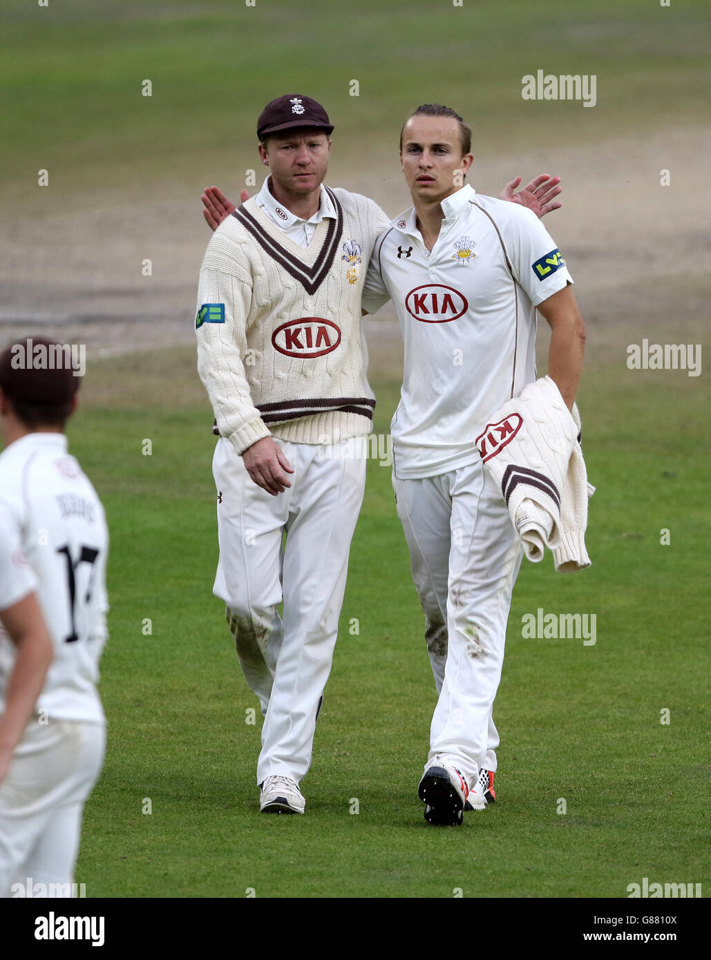 Surrey's Tom Curran (right) celebrates with captain Gareth Batty during ...