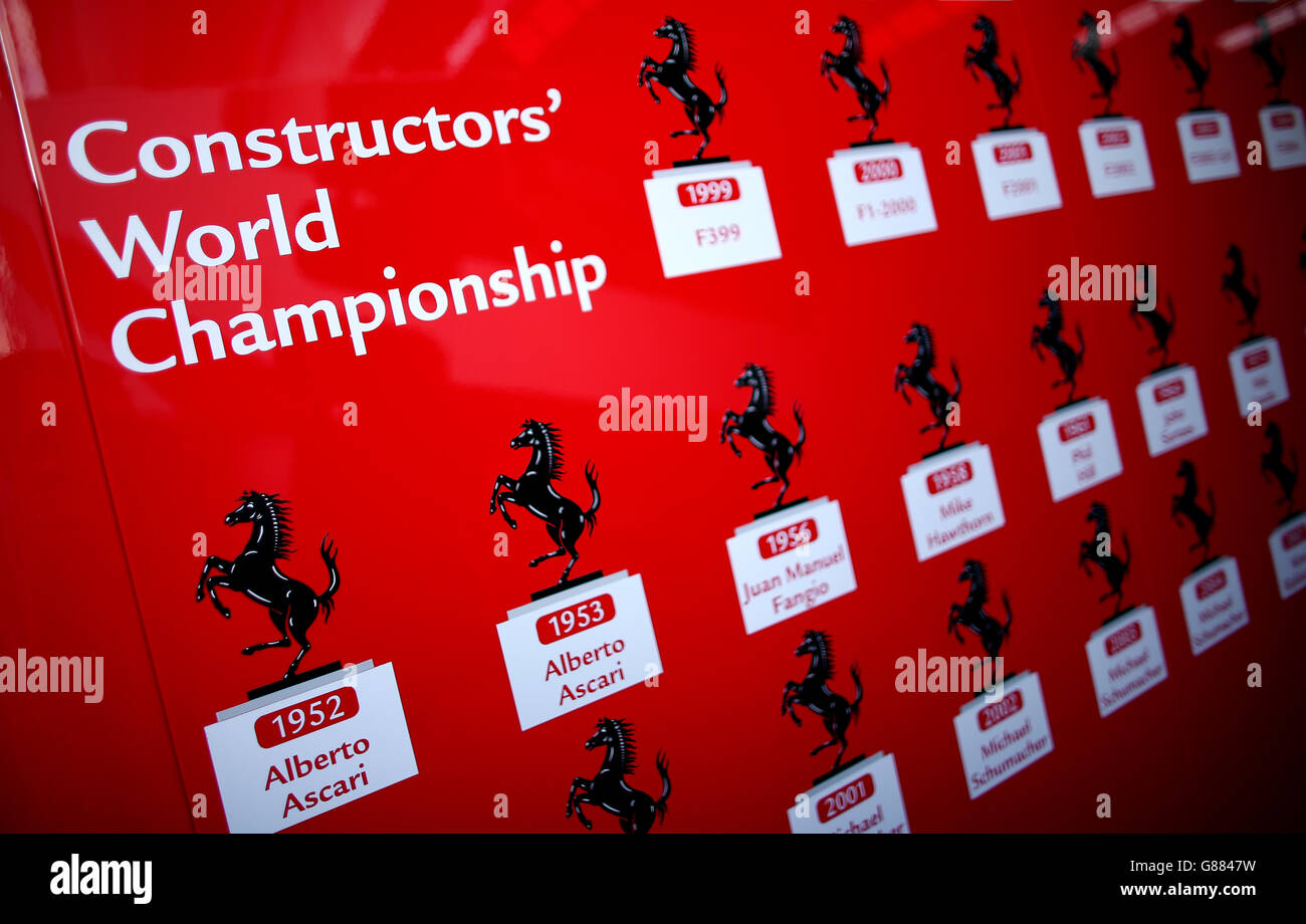 Ferrari display their championship honours in their garage during the ...