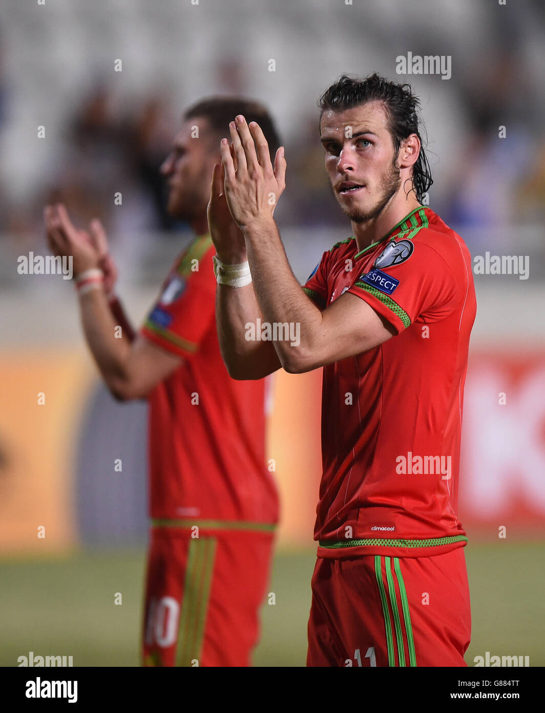 Wales Gareth Bale (right) applauds the away fans after the UEFA ...