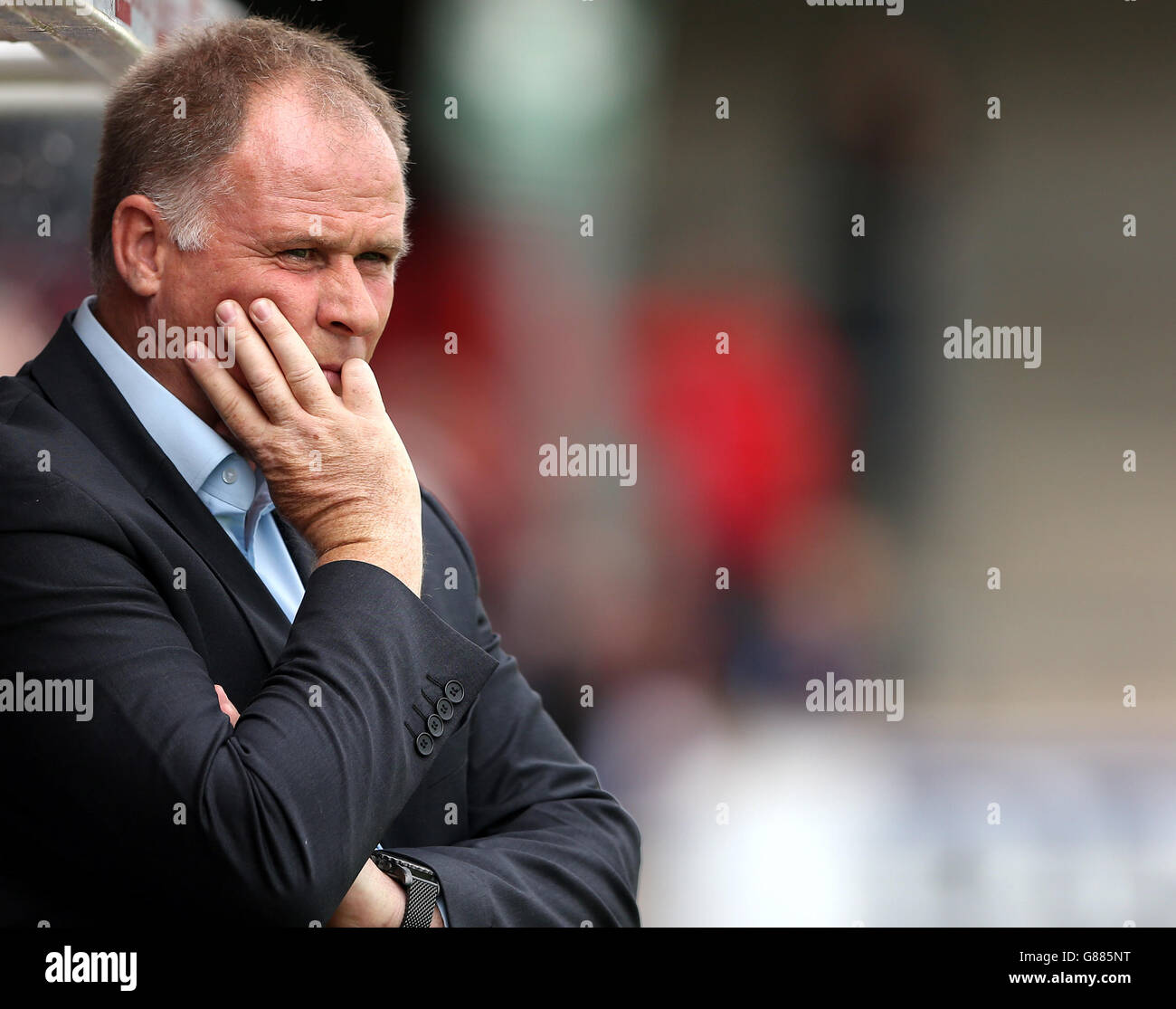 Blackpool's manager Neil McDonald at Glanford Park in Scunthorpe Stock ...