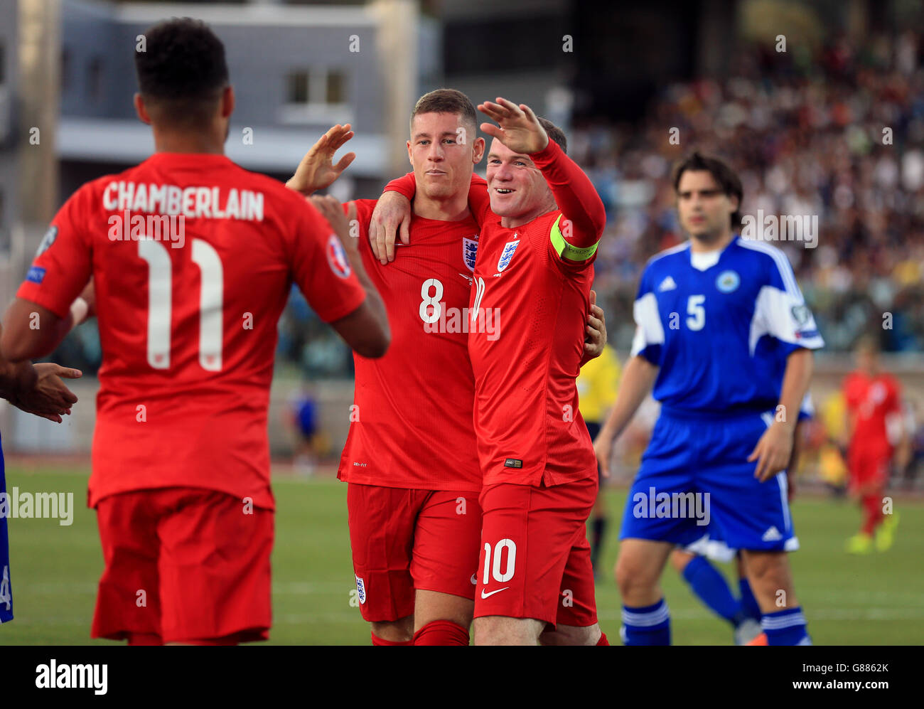 England's Ross Barkley (left) celebrates scoring his side's third goal ...