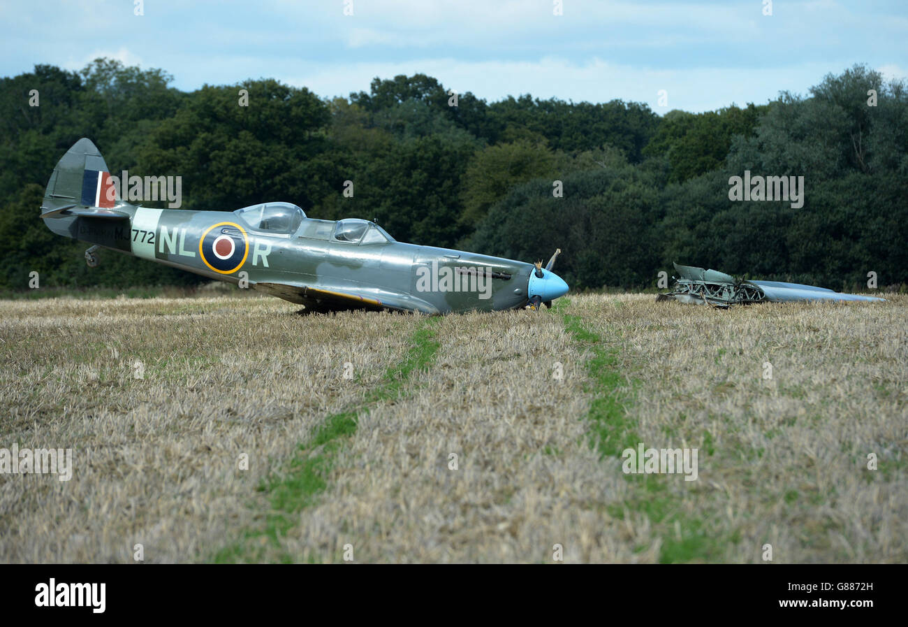 A crashed Spitfire is seen in a field near Woodchurch, near Ashford ...