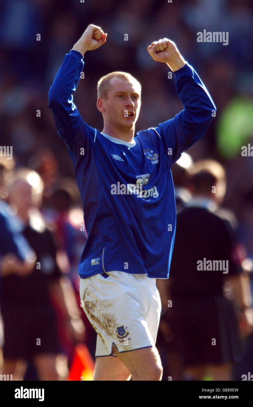 Everton's Tony Hibbert celebrates at the end of the match Stock Photo ...