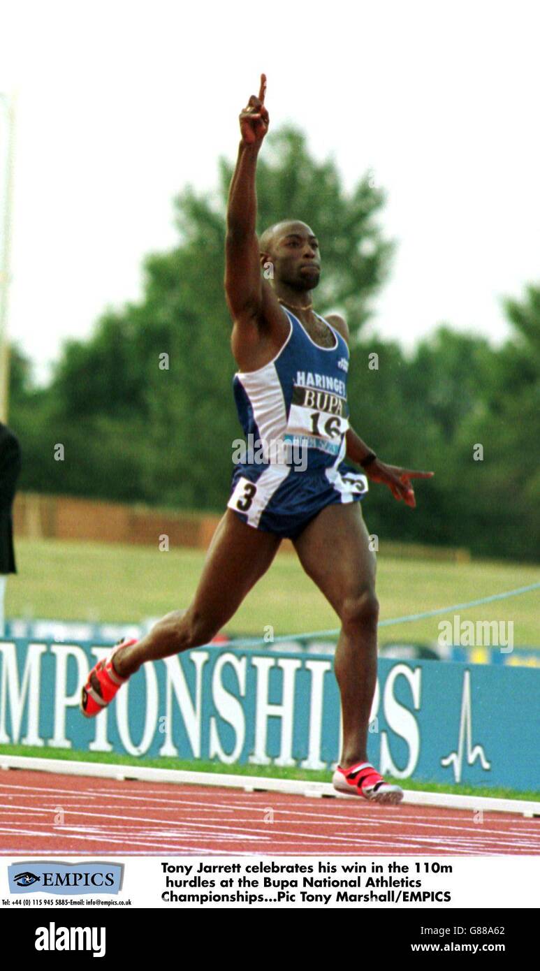 Tony Jarrett celebrates his win in the 110m hurdles at the Bupa ...