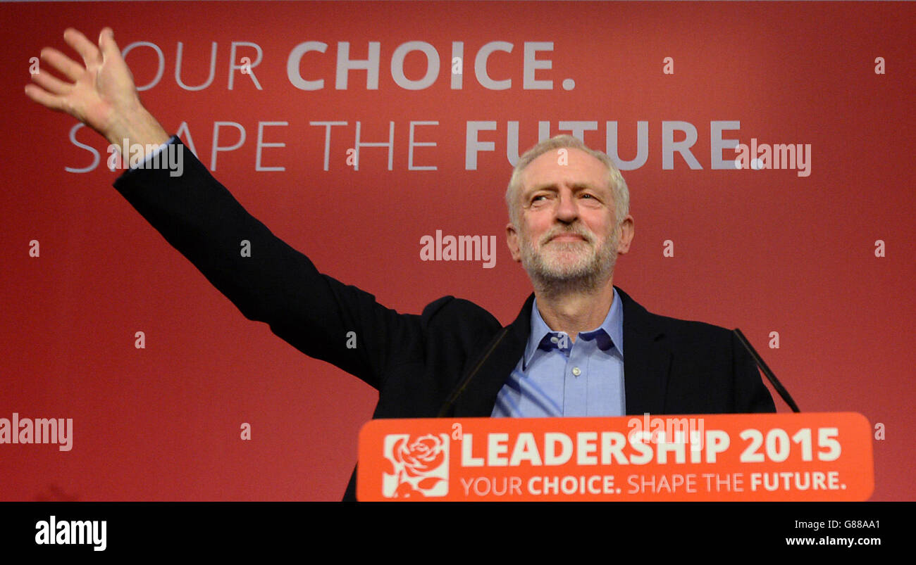 Jeremy Corbyn takes to the stage after he was announced as the Labour ...