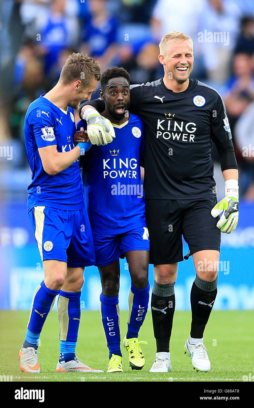 Leicester City's Jamie Vardy, Nathan Dyer and Kasper Schmeichel (left ...