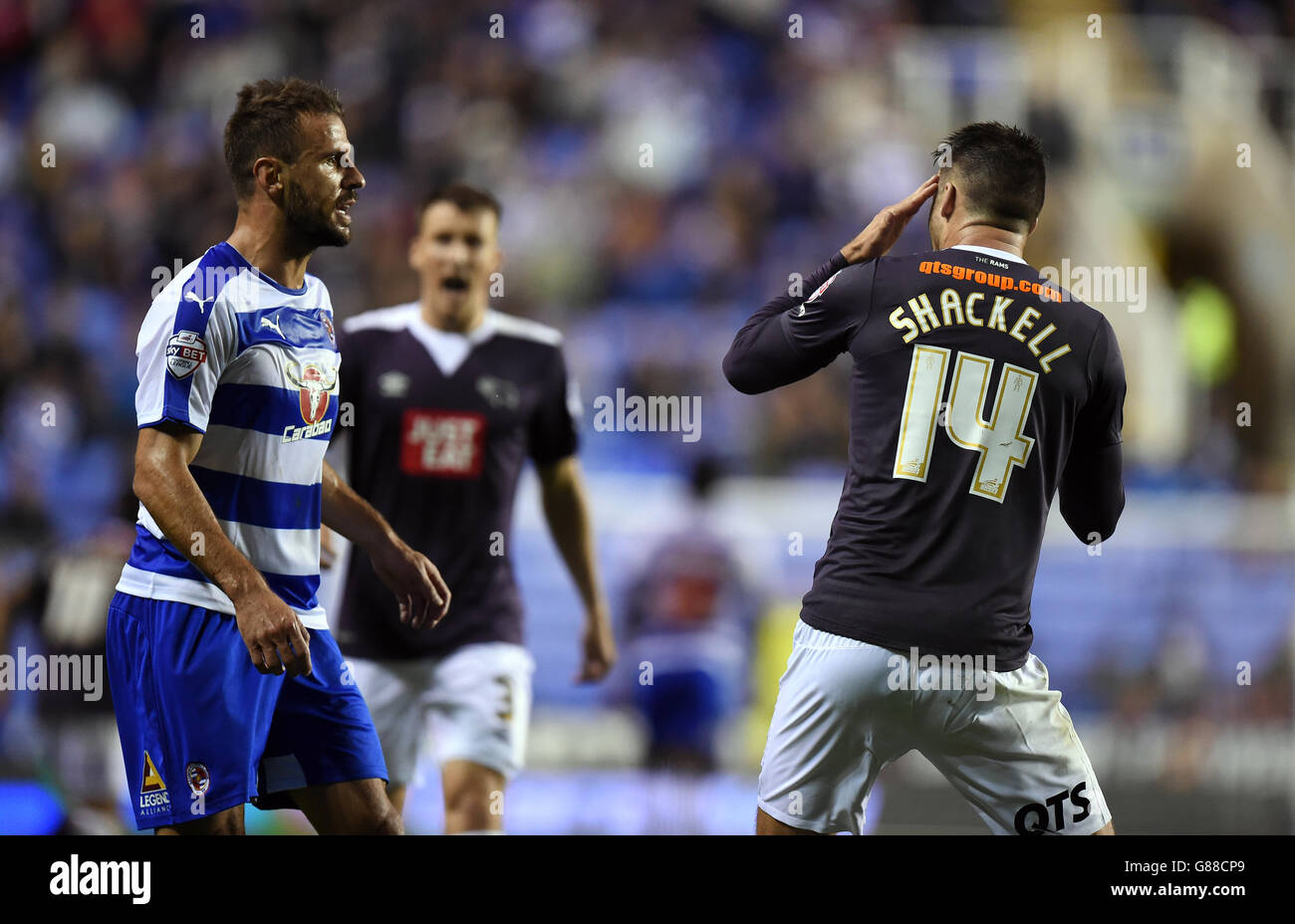 Reading's Orlando Sa (left) and Derby County's Jason Shackell have ...