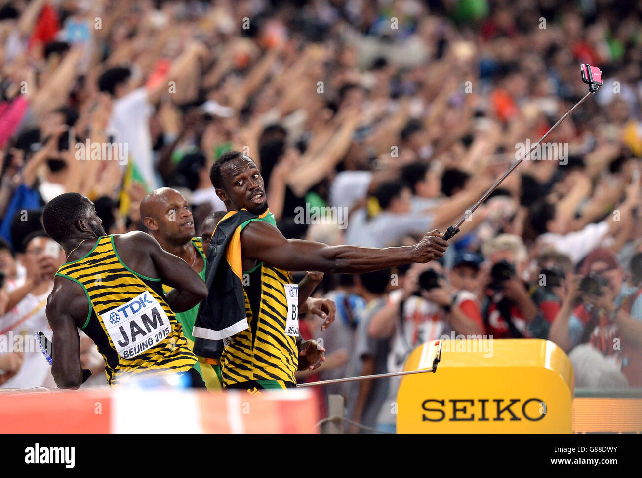 Jamaica's 4x100m gold medal winning relay team of Usain Bolt, Asafa ...
