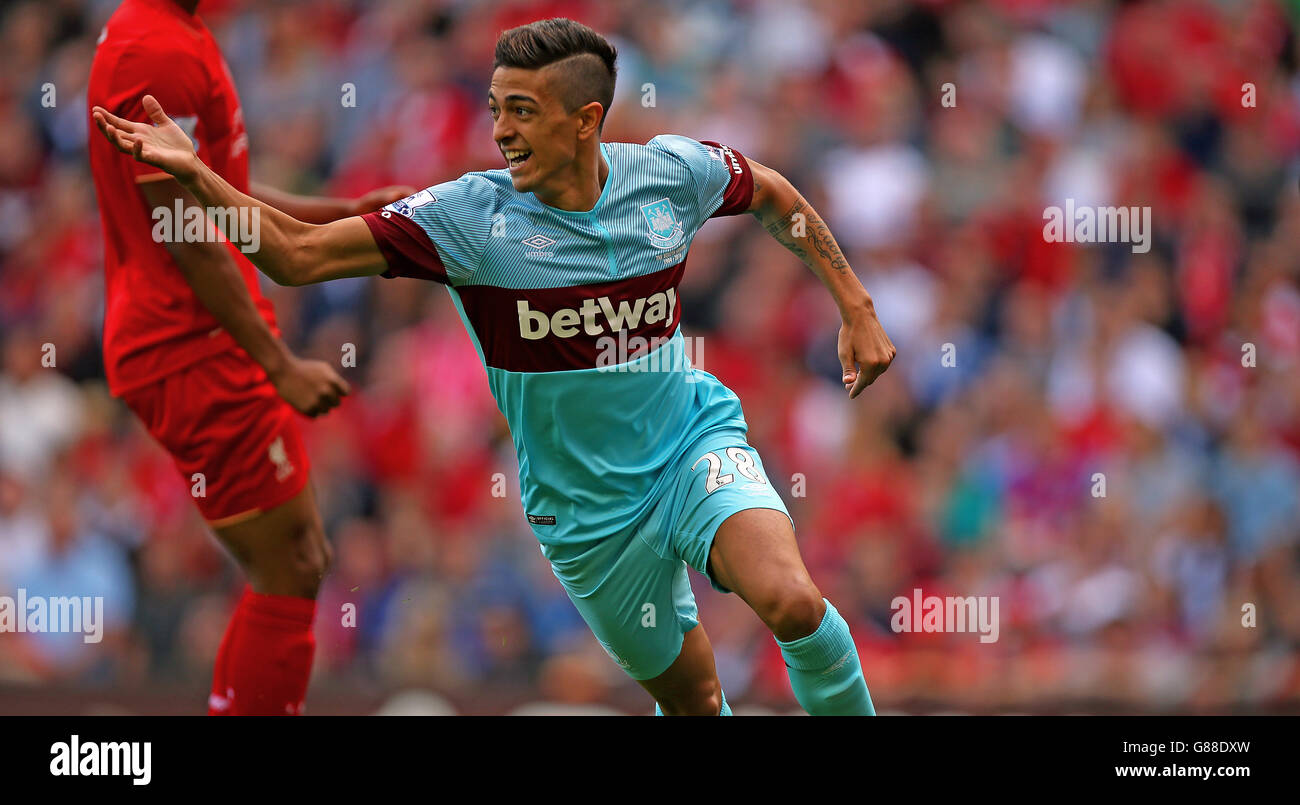 West Ham United's Manuel Lanzini celebrates scoring the first goal of ...