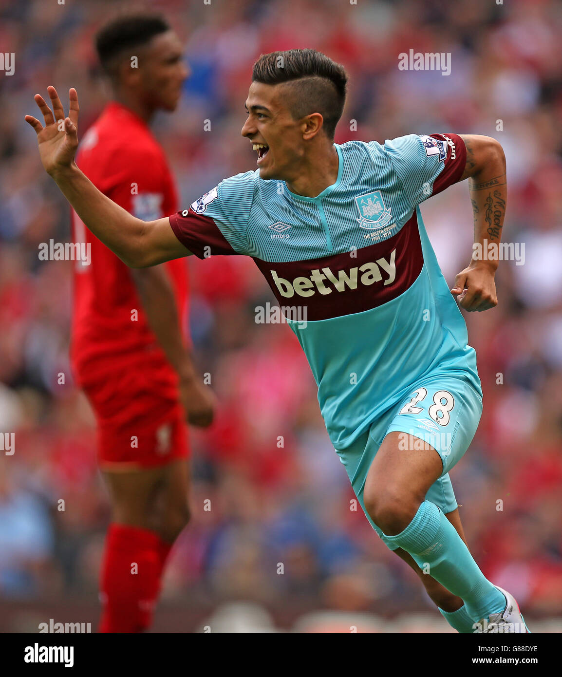 West Ham United's Manuel Lanzini celebrates scoring the first goal of ...