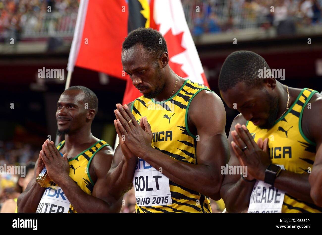 Jamaica's Men's 4x100m relay team of Usain Bolt (centre), Asafa Powell ...
