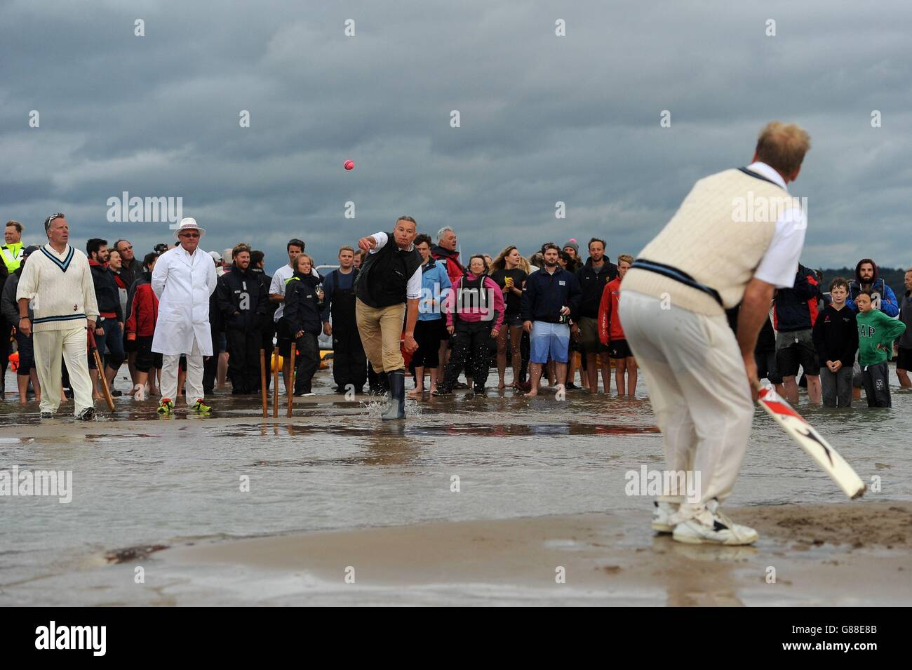 Match action during the annual Bramble Bank cricket match between The ...