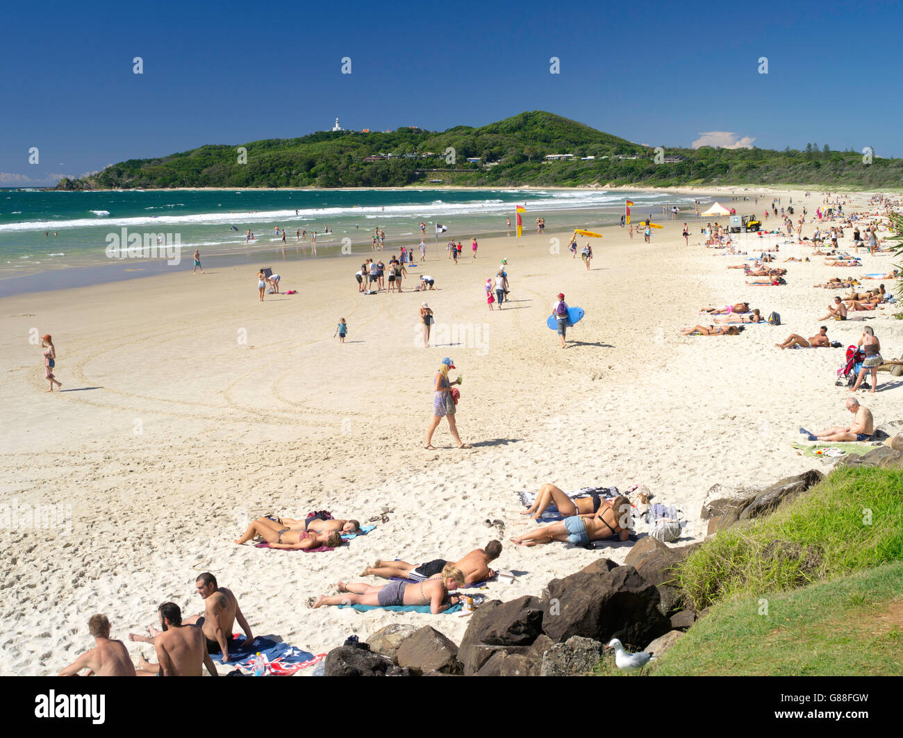 View of people enjoying the morning at Byron Bay Beach, Byron Bay, NSW ...