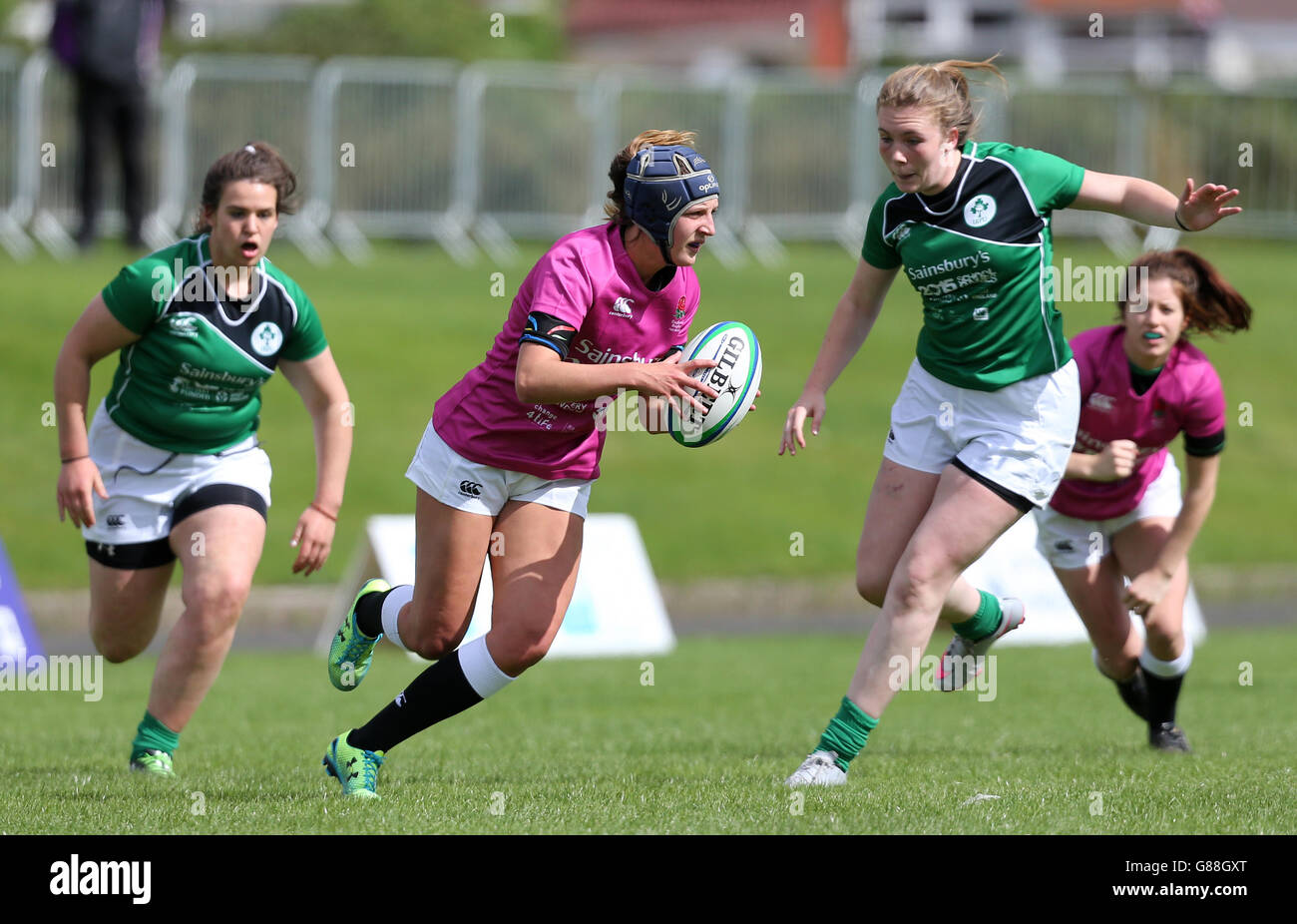 An England North rugby sevens player in action against Ireland in the ...