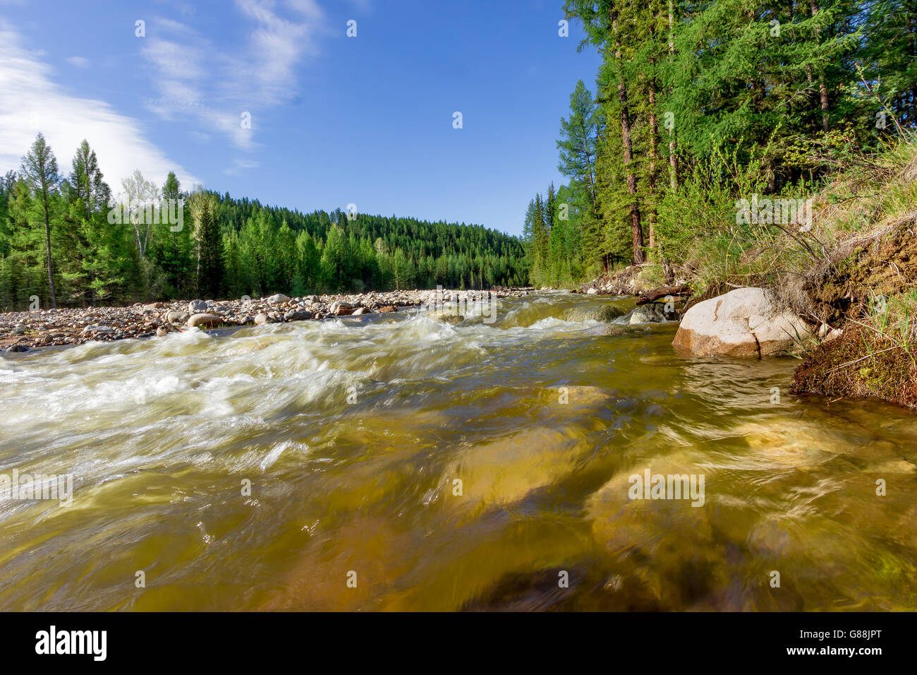 Small river with rocky shores flowing through a mountain valley Stock ...