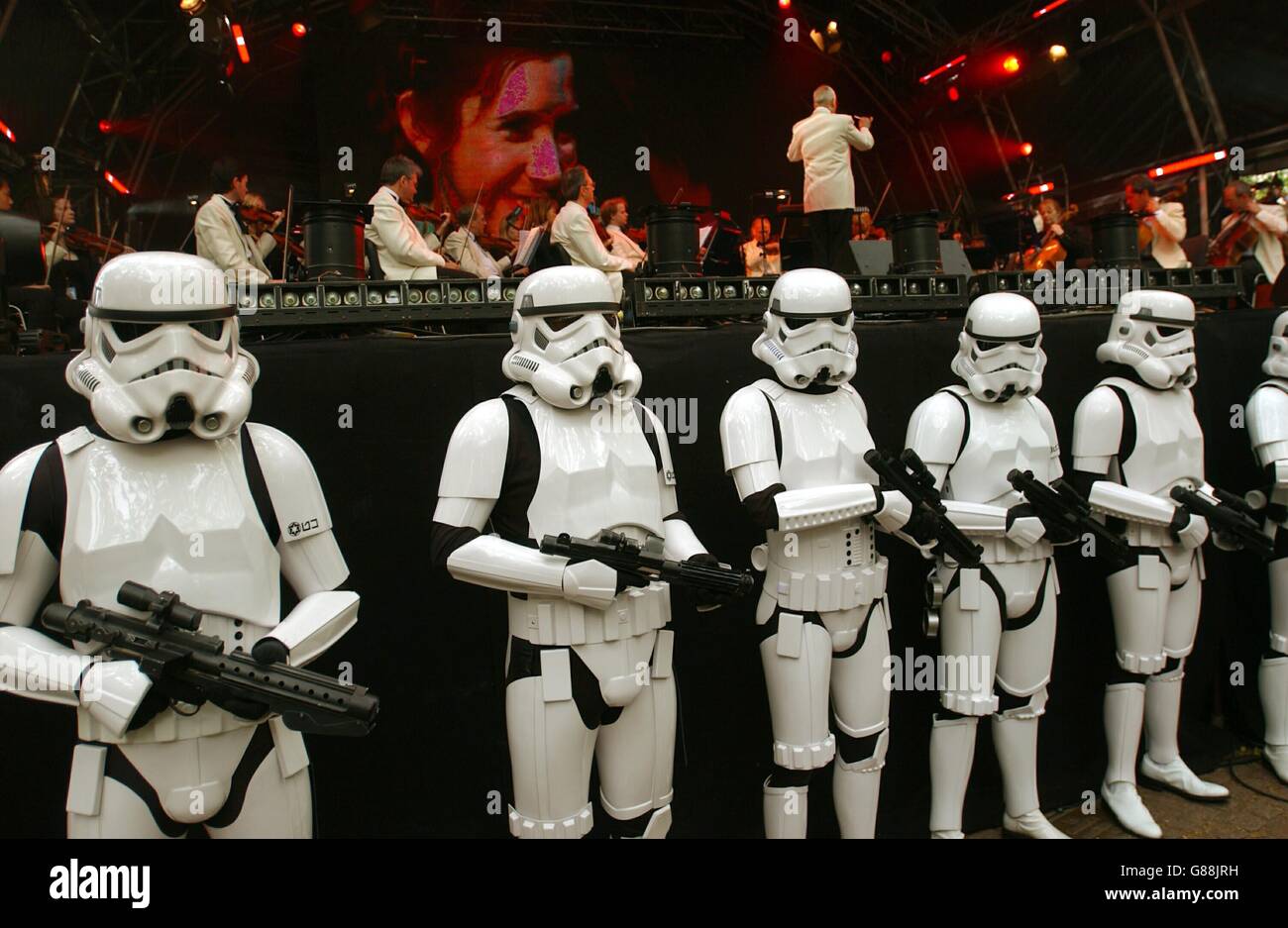Stormtroopers stand guard in front of the stage ahead of the UK ...