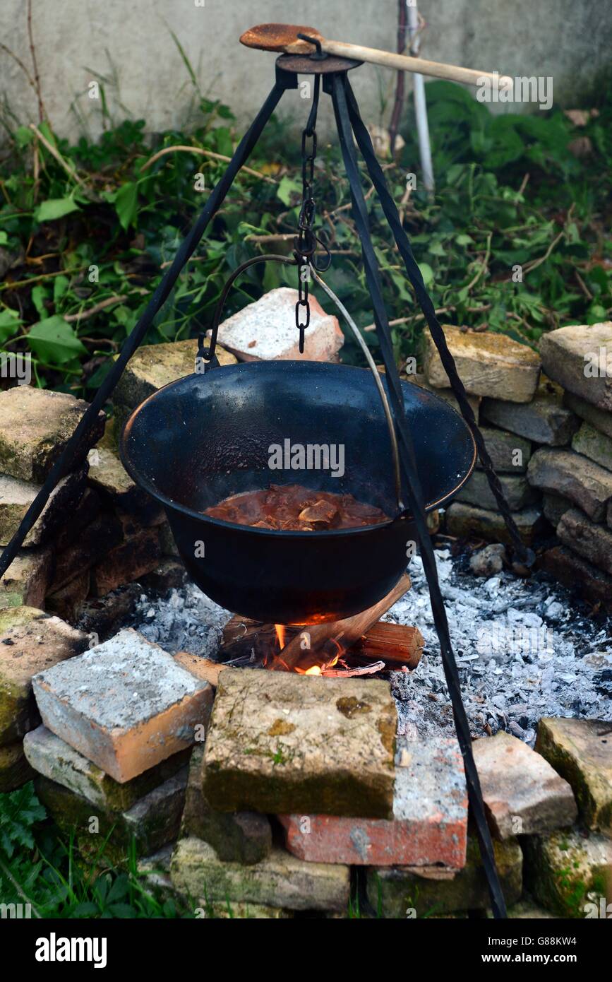 Traditional hungarian goulash in a pot hanging over a fire Stock Photo ...