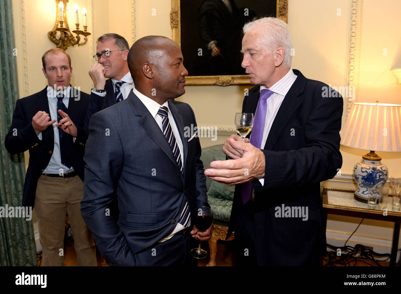 Brian Lara (left) speaks with David Gower (right) during the Cricket ...