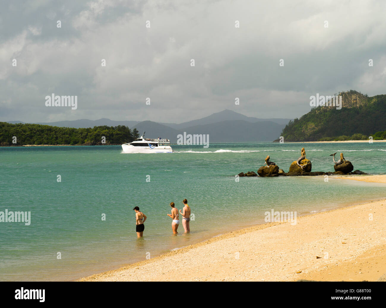 Women wade in the water on Daydream Island; Whitsunday Islands, QLD ...