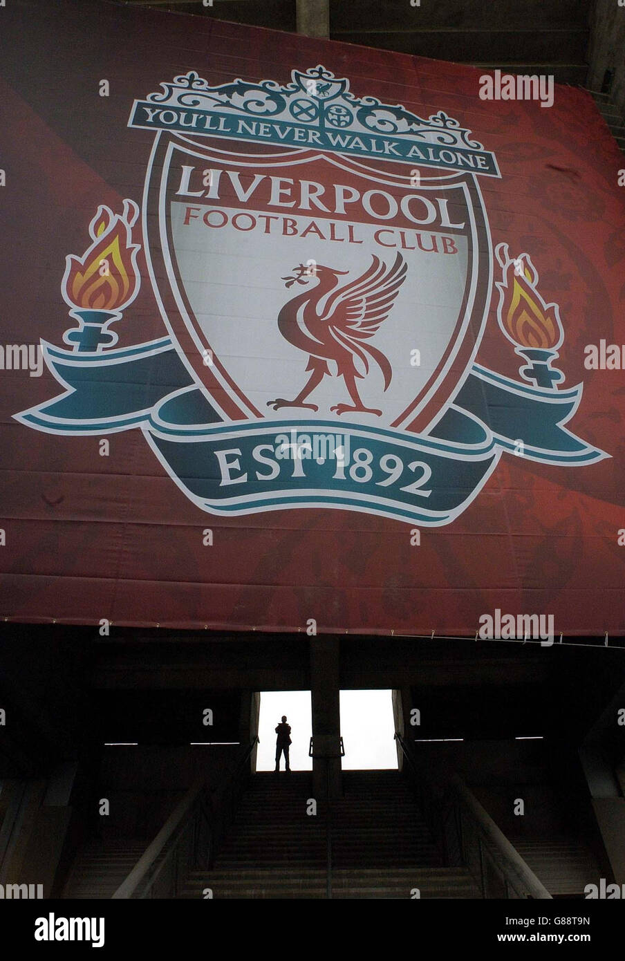 A giant Liverpool poster hangs from the Ataturk Olympic Stadium in ...
