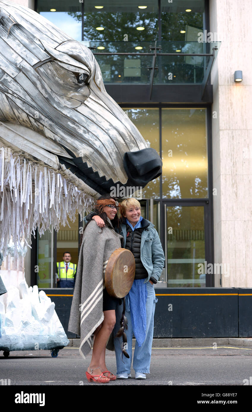 Emma Thompson (right) and First Nations Activist Audrey Seigl stand ...