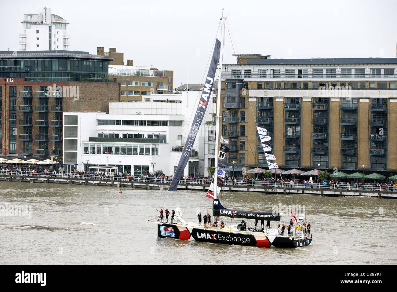 The LMAX Exchange yacht on the river after coming through Tower Bridge ...