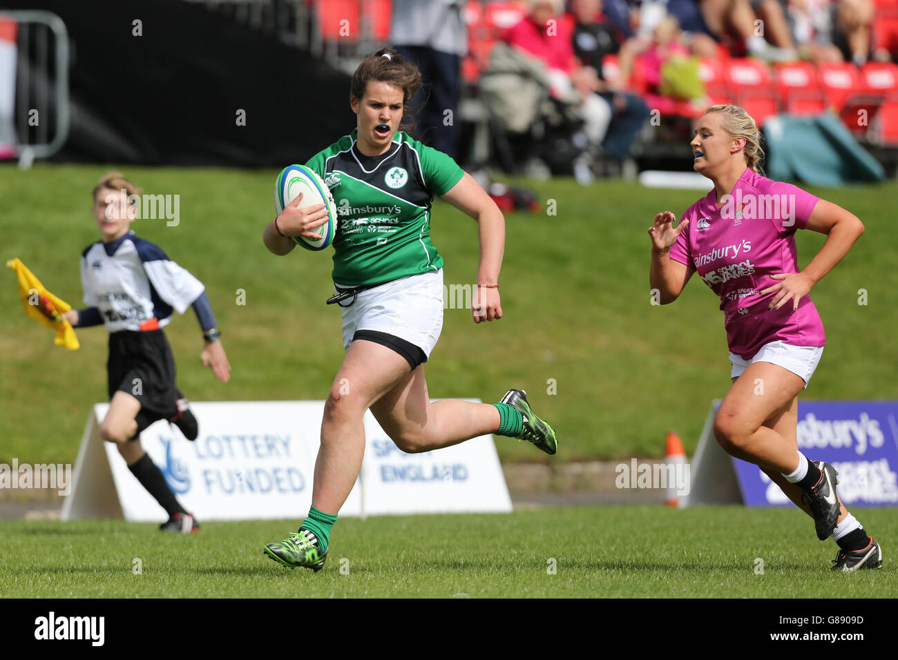 An Ireland rugby sevens player in action against England North in the ...
