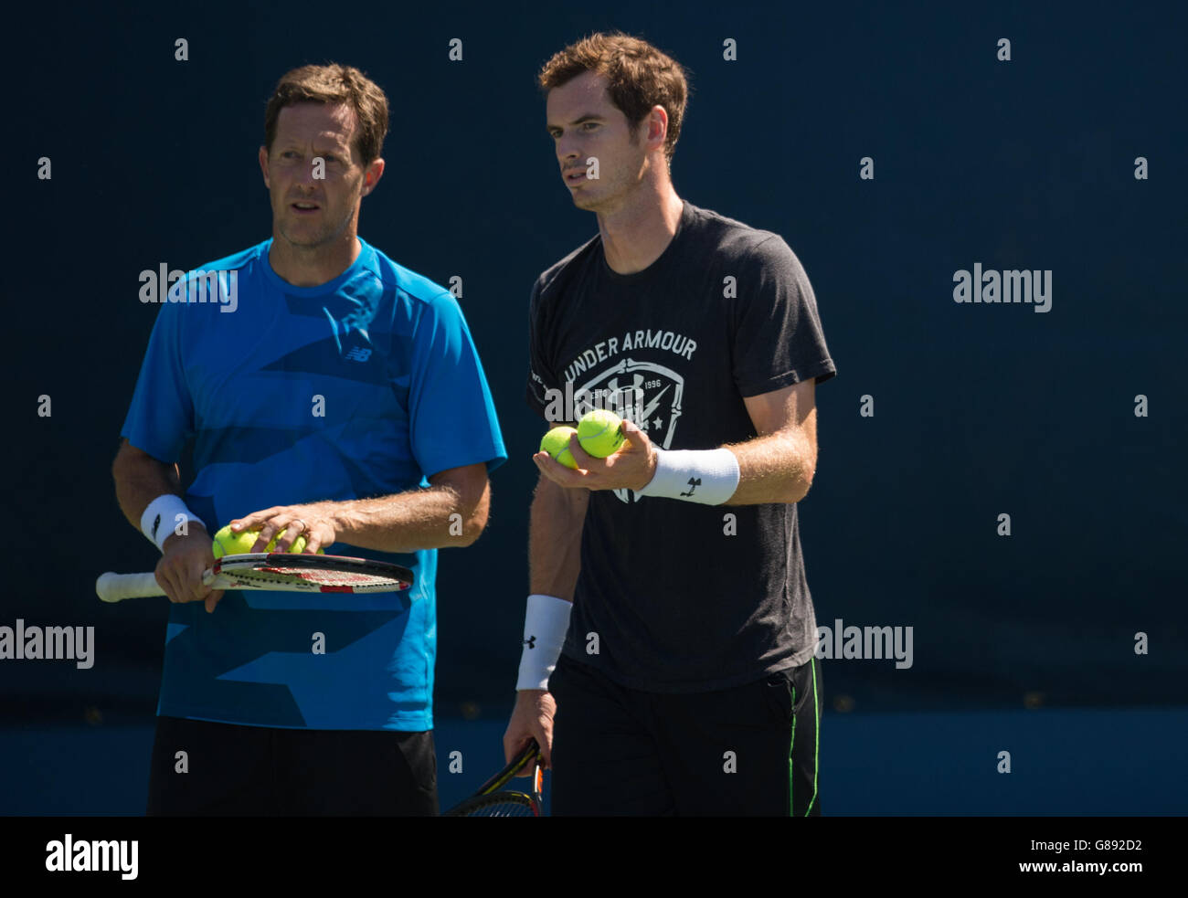 Andy Murray is joined by Jonas Bjorkman and Leon Smith during training ...