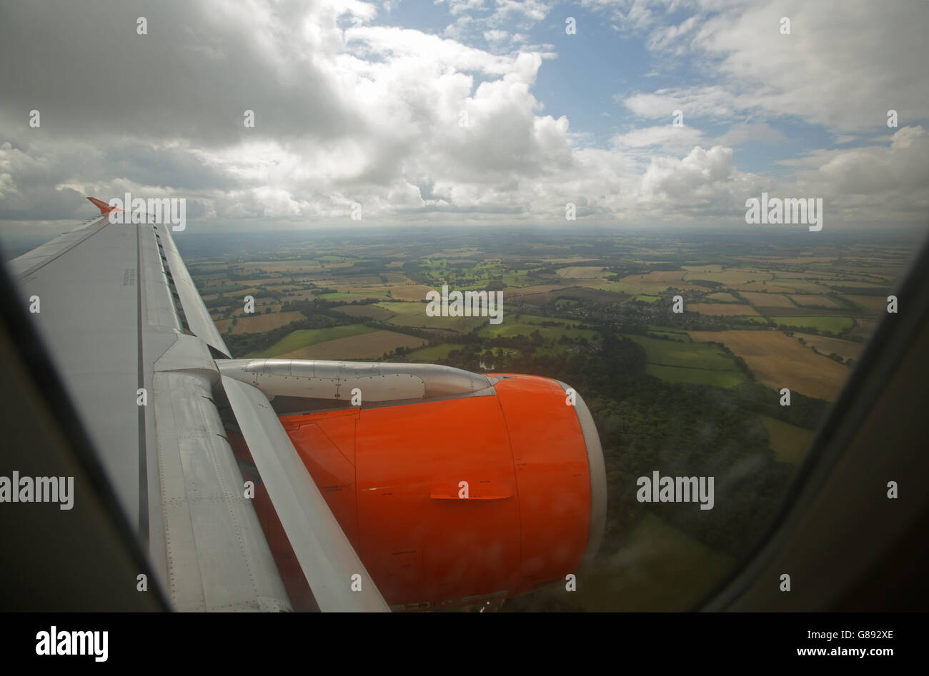 The view of English countryside fields from the window of an easyJet ...